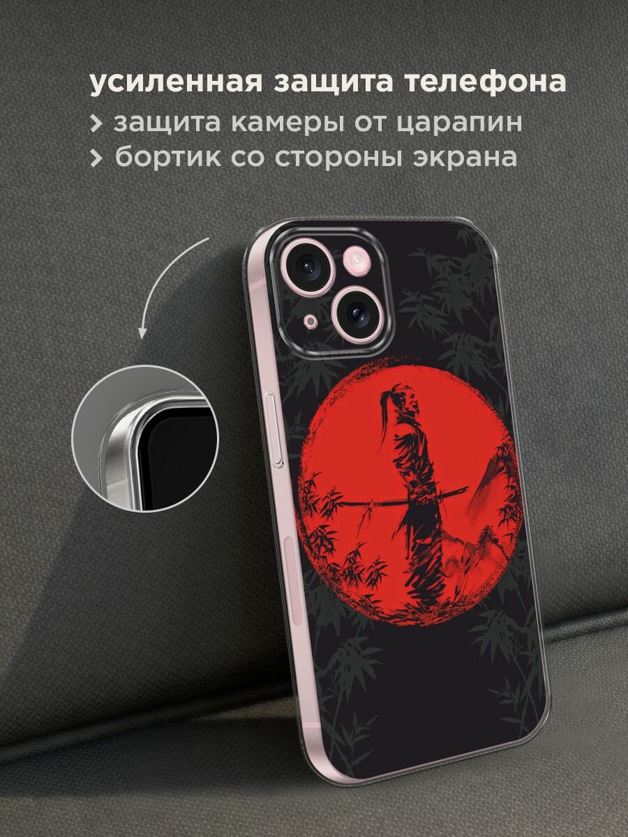 Чехол на Apple iPhone 15 / Айфон 15 с принтом "Самурай на красном фоне" — фото 1