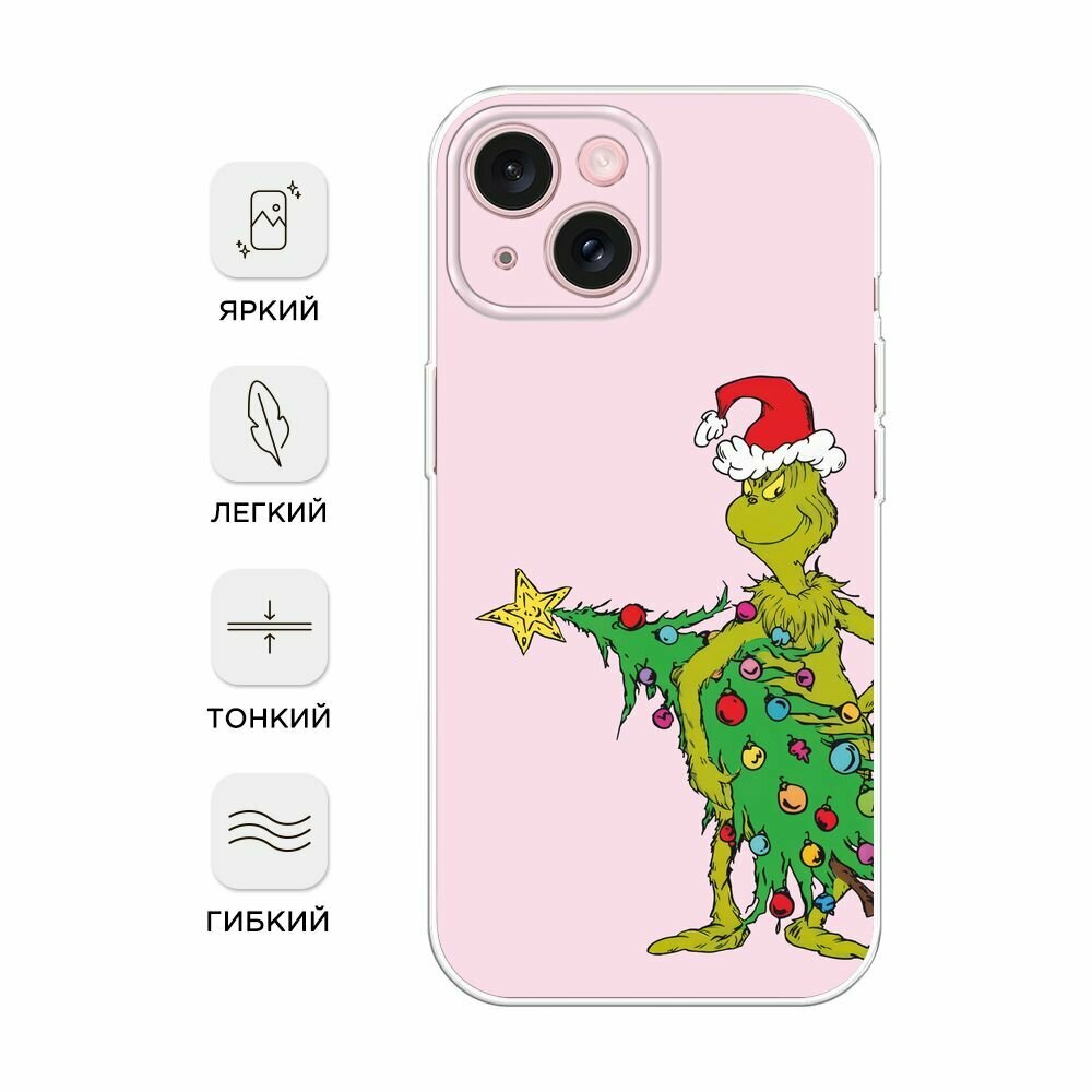 Чехол на Apple iPhone 15 / Айфон 15 с принтом Гринч с ёлкой 1 — фото 1