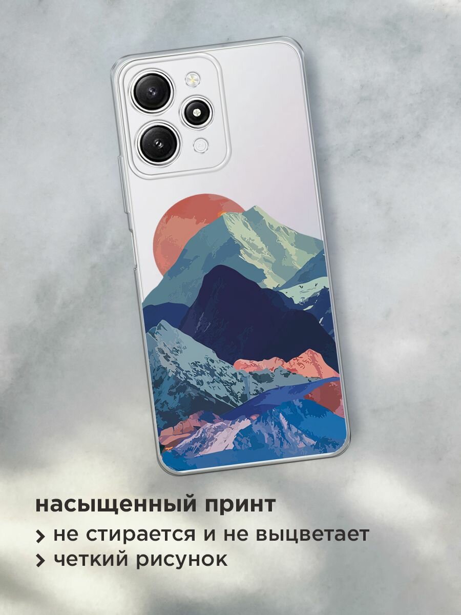 Чехол на Xiaomi Redmi 12 / Сяоми Редми 12 с принтом "Закат в снежных горах", прозрачный — фото 1
