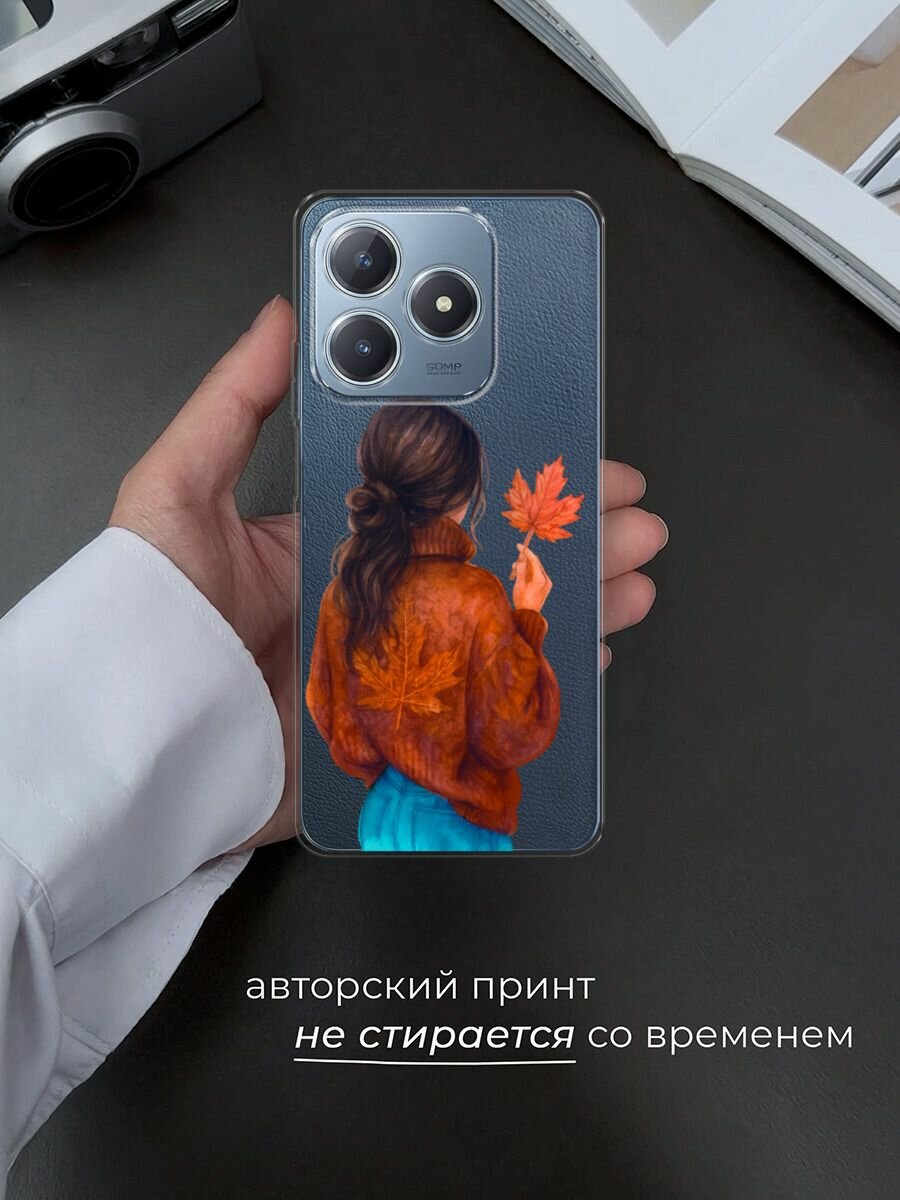 Чехол на Realme C63 / Реалми С63 с принтом "Девушка с опавшим листом", прозрачный — фото 1