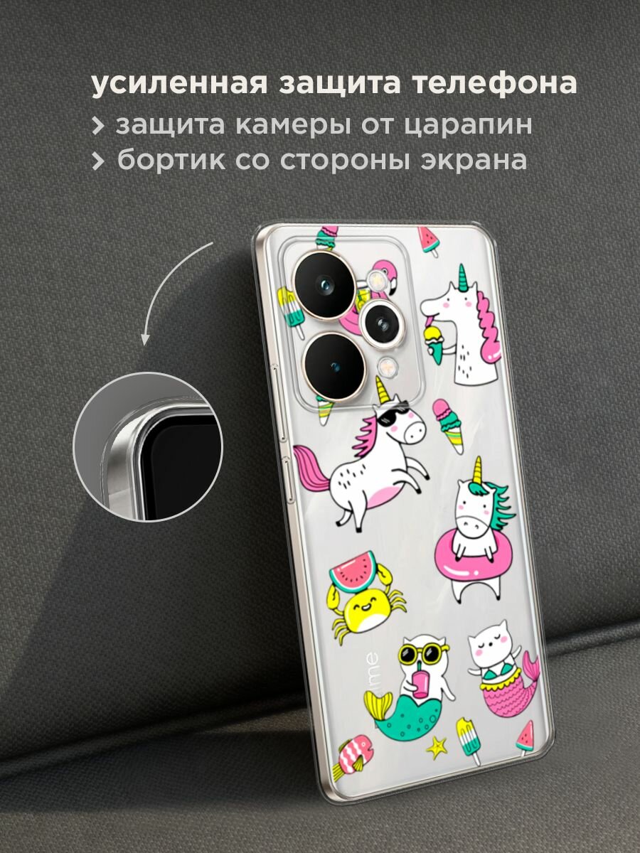 Чехол на Realme 15 Pro / Реалми 15 Про с принтом "Единороги в отпуске", прозрачный — фото 1