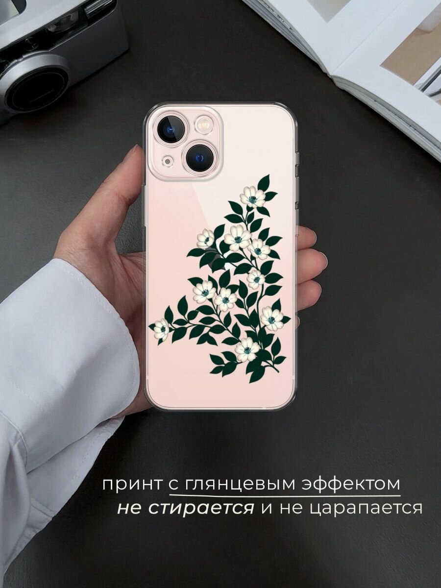 Чехол на Apple iPhone 13 mini / Айфон 13 мини с принтом "Цветы с черными листьями" — фото 1