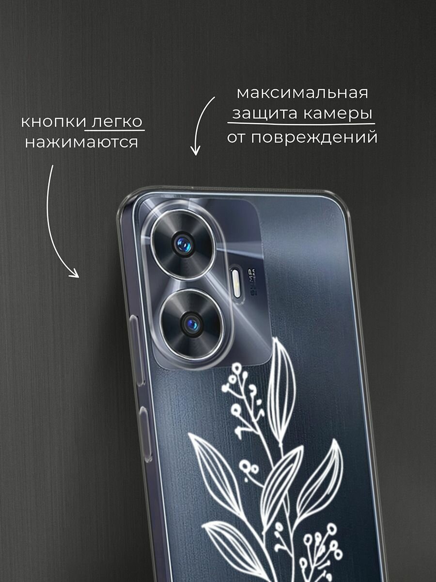 Чехол на Realme C55 / Реалми C55 с принтом "Ветка с листочками и цветами", прозрачный — фото 1