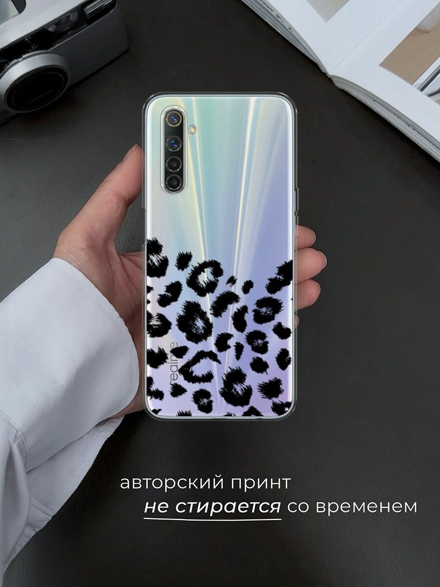Чехол на Realme 6 / Реалми 6 с принтом "Окрас леопарда фон черный", прозрачный — фото 1