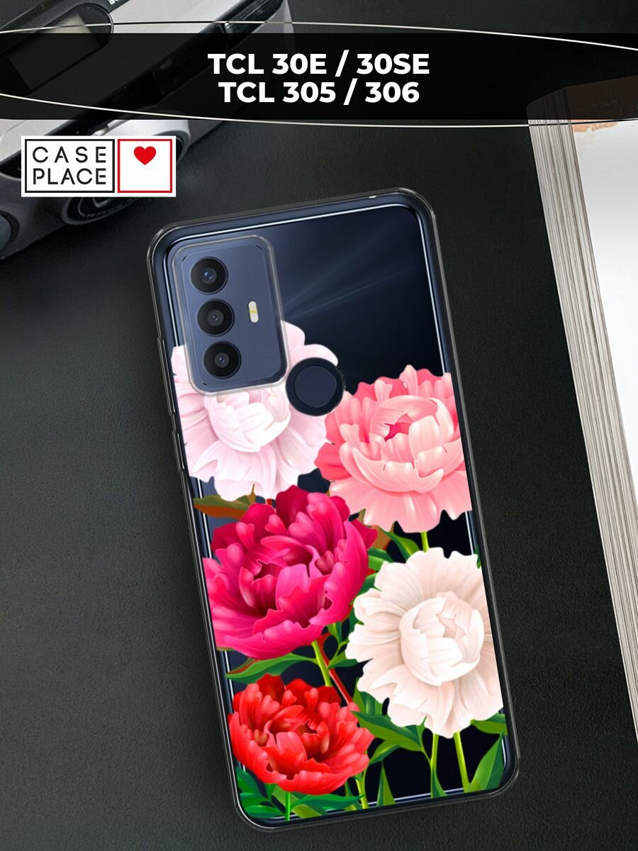 Чехол на TCL 30E/30 SE/305/306 / ТСЛ 30E с принтом "Большие пионы", прозрачный