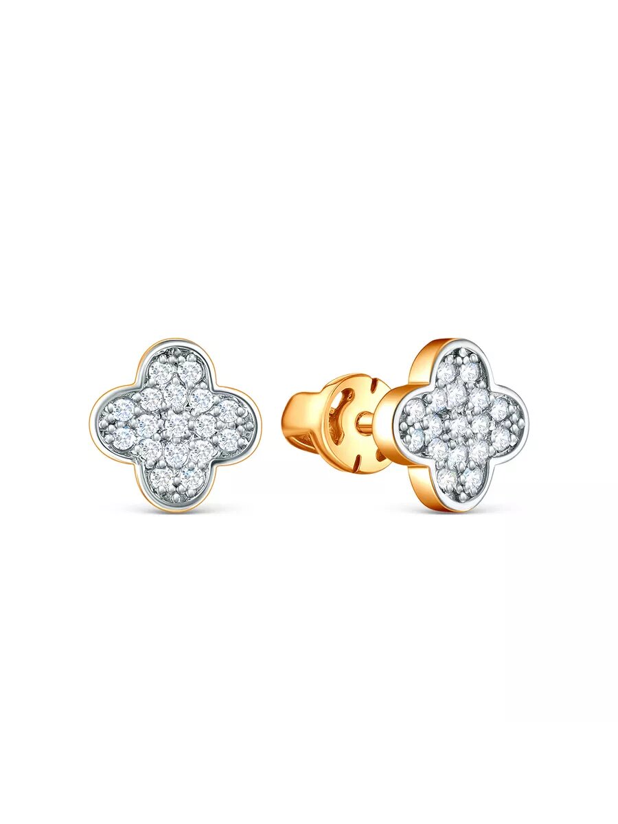 Серьги пусеты, серебро, 925 проба, золочение, фианит