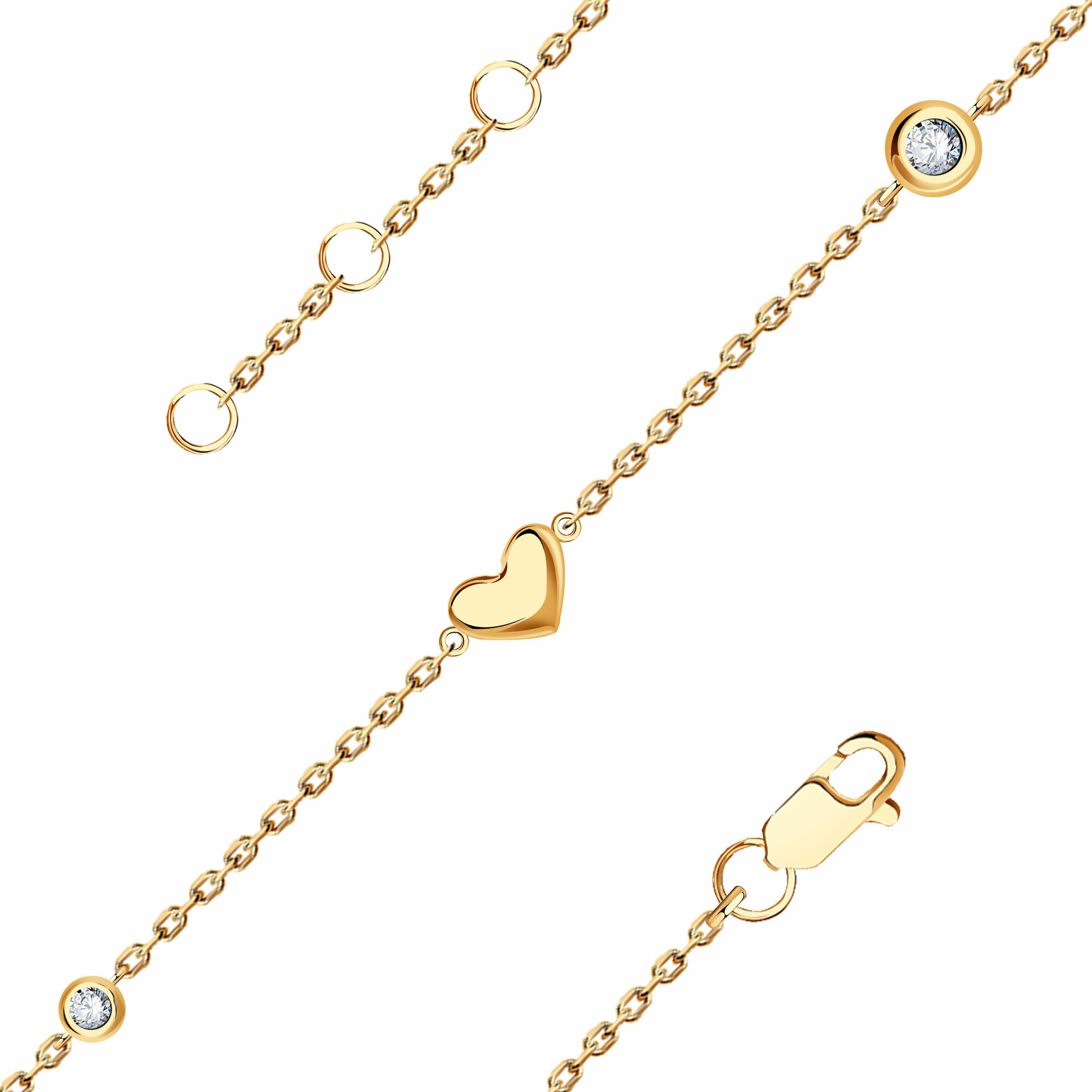 Браслет-цепочка, красное золото, 375 проба, фианит