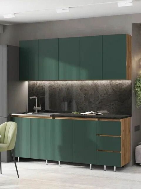 Кухонный гарнитур Челси 2м ЛДСП изумрудный/дуб крафт со столешницей, МИФ