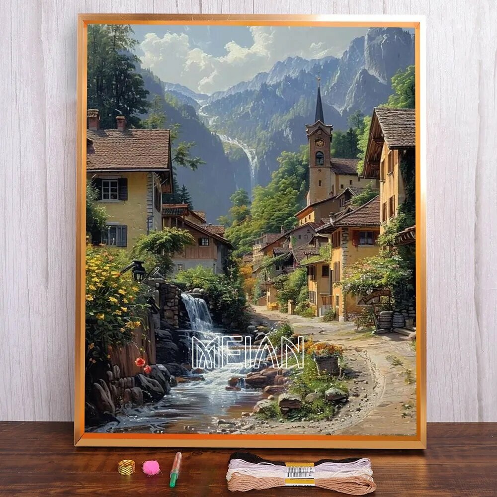 MEIAN Набор для вышивания,30x40CM,14CT, Деревня у реки