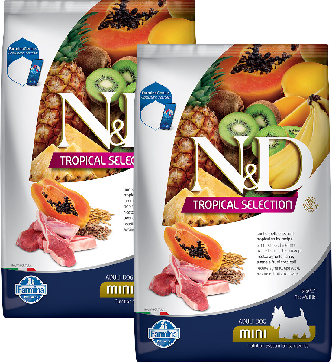 Корм сухой Farmina Dog N&D Tropical Selection Adult Mini Lamb низкозерновой для взрослых собак маленьких пород, ягненок, спельта, овес и тропические фрукты, 5 + 5 кг