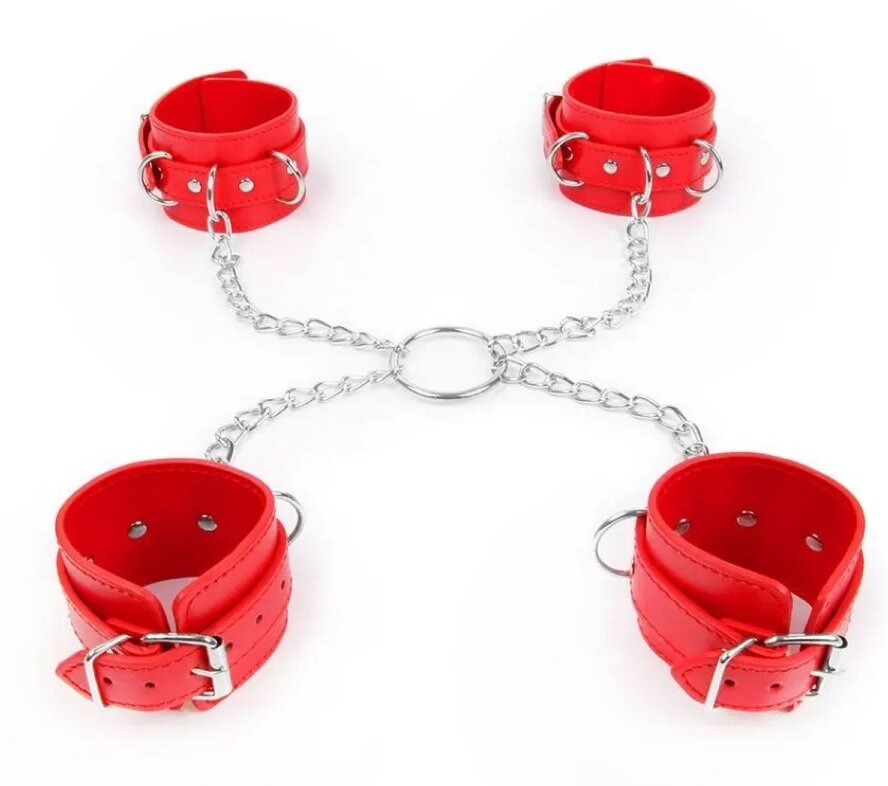 Бондаж крестовый наручники+поножи красный, искусственная кожа