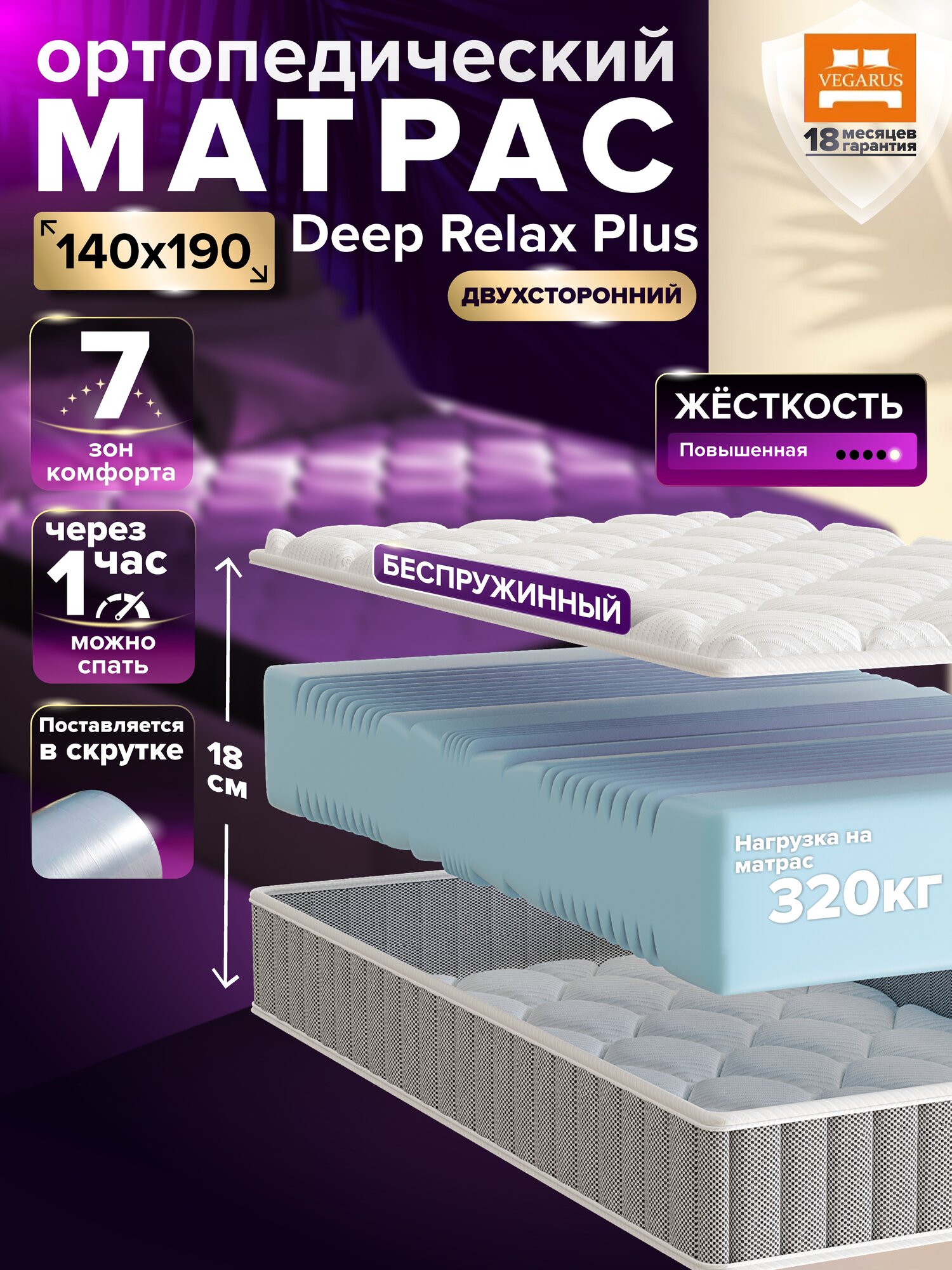 Матрас 140×190 на кровать, беспружинный, ортопедический, Deep Relax Plus