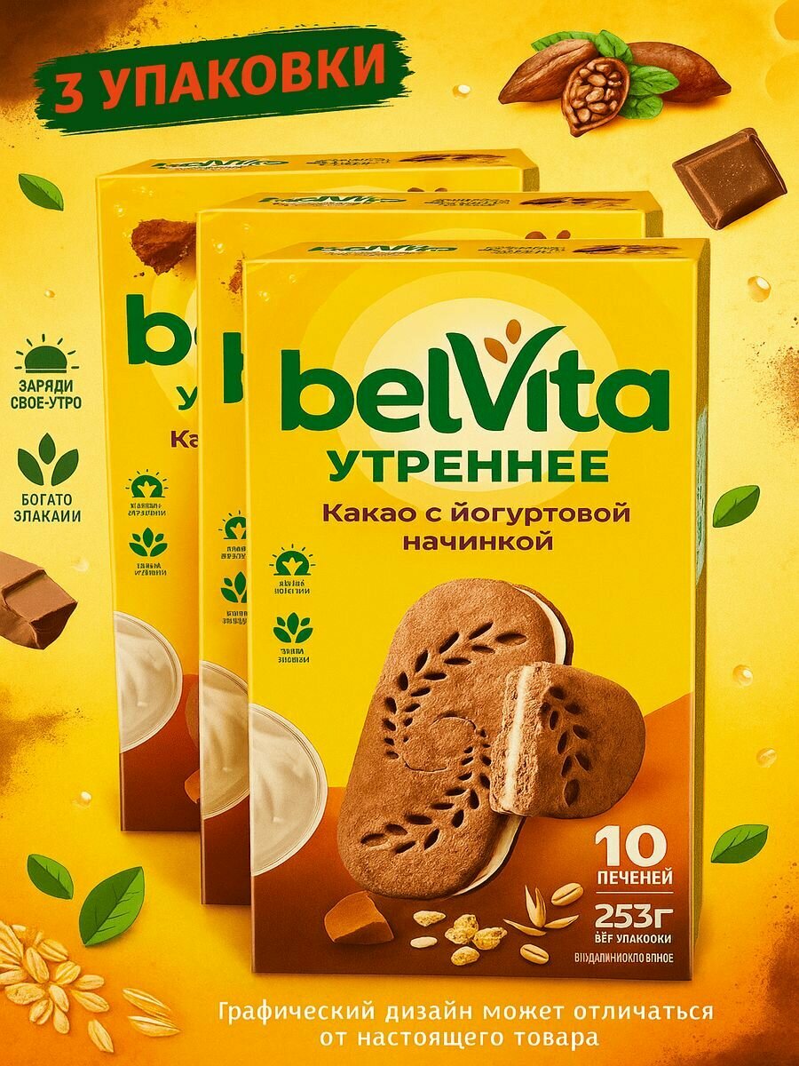 Печенье BELVITA Утреннее Какао с йогуртовой начинкой, витаминизированное, 253г x 3 упаковки