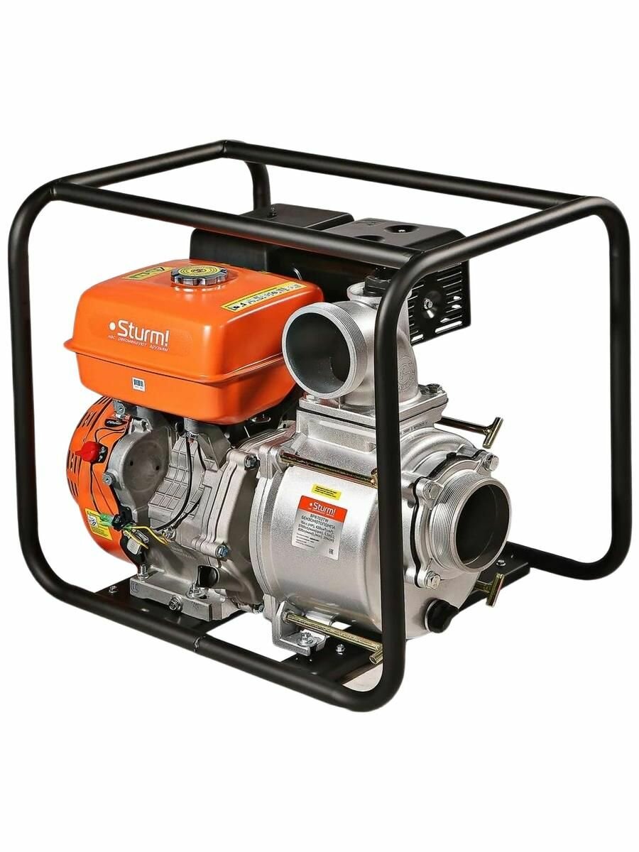 Мотопомпа бензиновая для воды Sturm! BP87101, Мощность 11000 Вт, Производительность 1000 л/мин, Высота напора 34 м, Гидробак 3,3 л, Оранжевый
