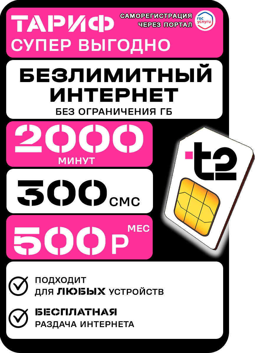 Сим карта безлимитный интернет 4G + звонки 2000 минут за 500р/мес