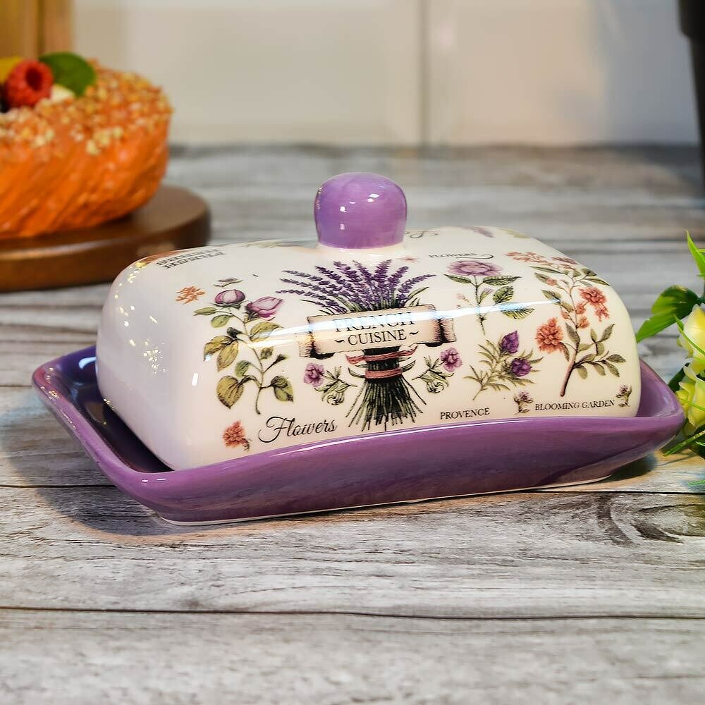 Масленка керамическая «Эдем» 250 мл, классический дизайн, белая с сиреневым акцентом