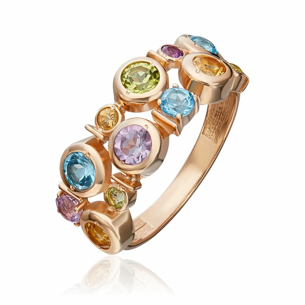 Кольцо, красное золото, 585 проба, цитрин, топаз, хризолит, аметист