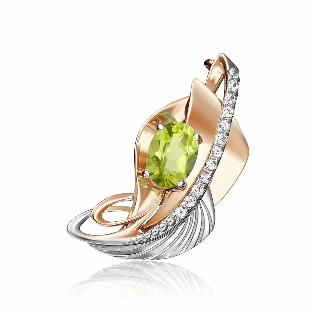 Брошь, комбинированное золото, 585 проба, родирование, топаз, хризолит