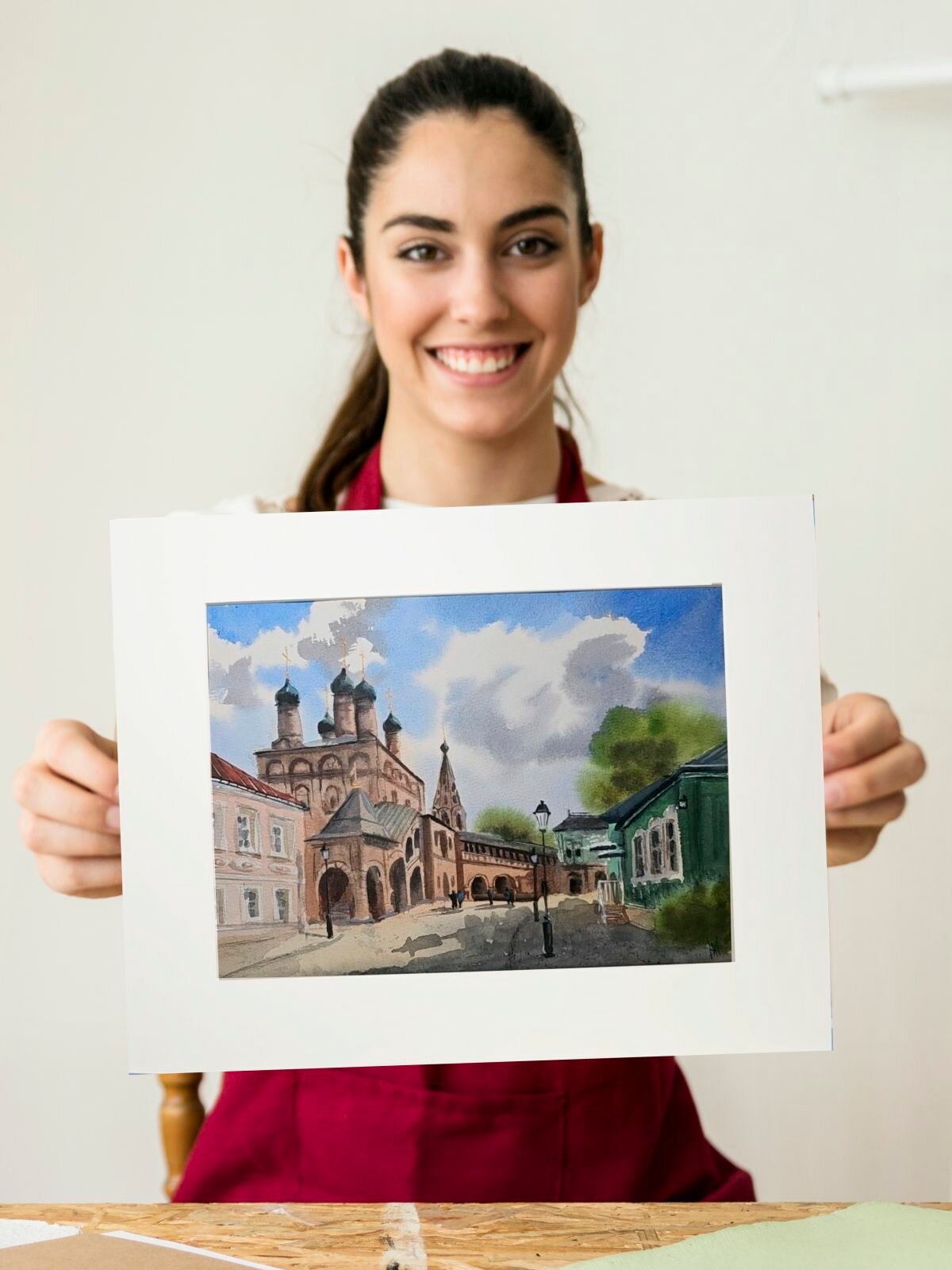 Картина авторская акварельная в паспарту 30х40 см на стену для интерьера "Крутицкое подворье"