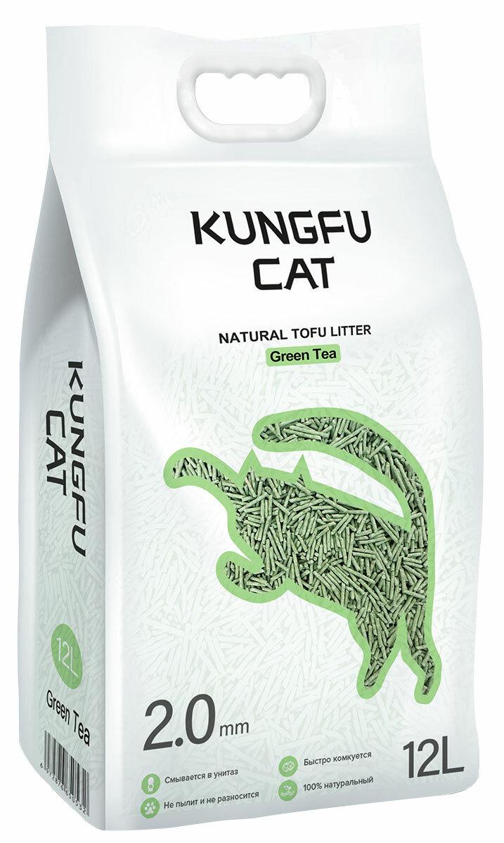 Наполнитель Kungfu Cat Green Tea комкующийся соевый для туалета кошек, зеленый чай, 12 л