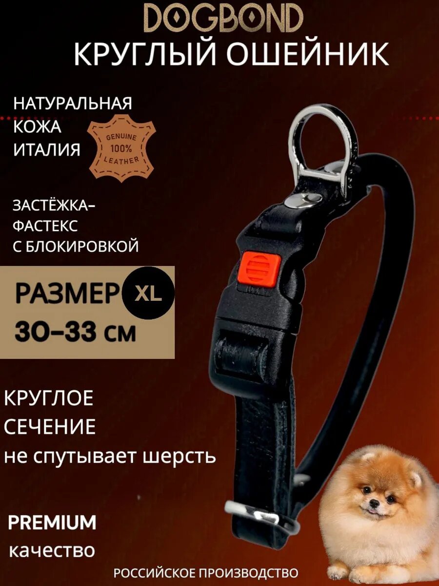 Dogbond Ошейник для шпица круглый кожаный 30-33 см