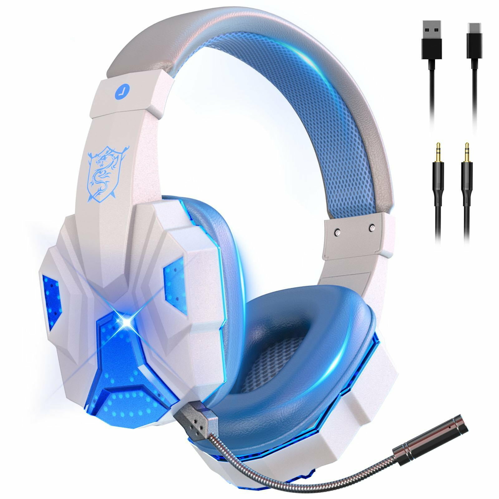 SYGTA беспроводная игровая гарнитура, двойной режим с LED-освещением для PS4, PS5, ПК, Switch, детей/взрослых, белый, 400 мАч ёмкость батареи, 45 мс сверхнизкий задержка, ENC съемный микрофон, Bluetooth 5.1, проводной/беспроводной режим, 40мм драйвер