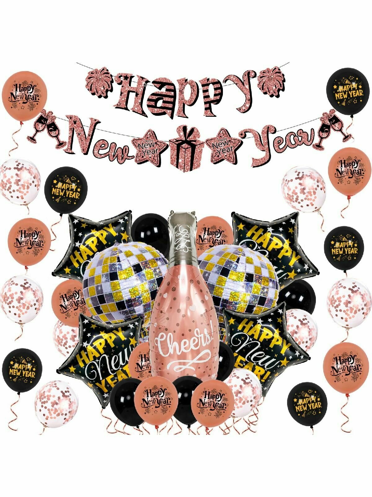 Декорация для праздника, Набор воздушных шаров с пивным флагом "Рыбий хвост" для новогодней вечеринки-Розовое золото, Черная золотая Новогодняя бутылка вина