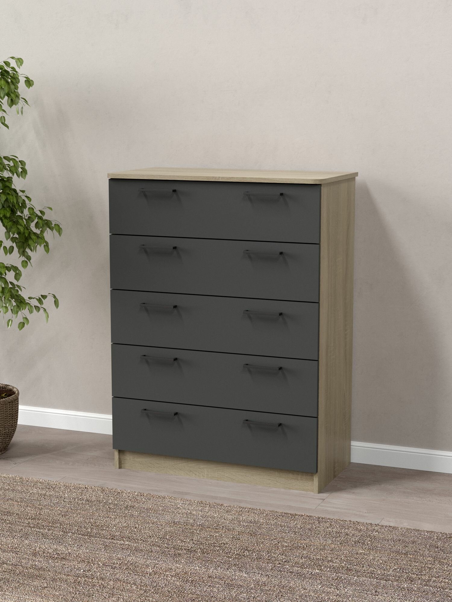 InHouse Комод Весна 5 Сонома/Антрацит 85х54х91, фасады ЛДСП