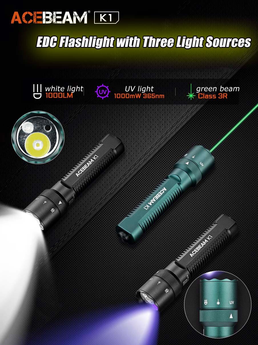 Acebeam K1 EDC фонарик,3 вида источников света, uv фонарик