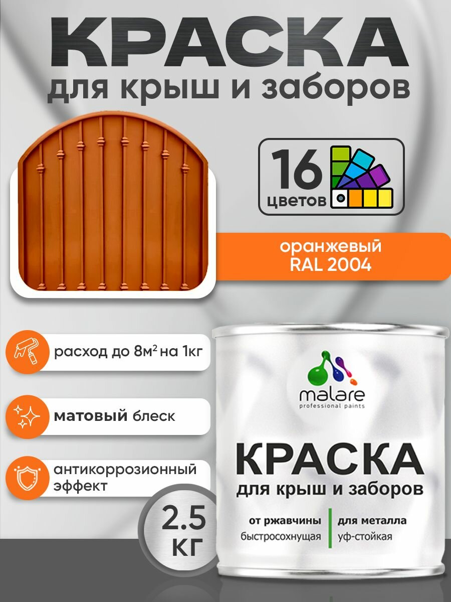 Краска по металлу Malare для крыш и заборов по ржавчине, для наружных работ, быстросохнущая износостойкая RAL 2004 оранжевый, матовая, 2,5 кг