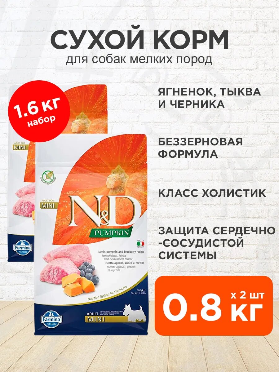 Корм сухой Farmina Dog N&D Grain Free Pumpkin Adult Mini Lamb & Blueberry для мелких собак с ягненком, 0,8 кг х 2 шт