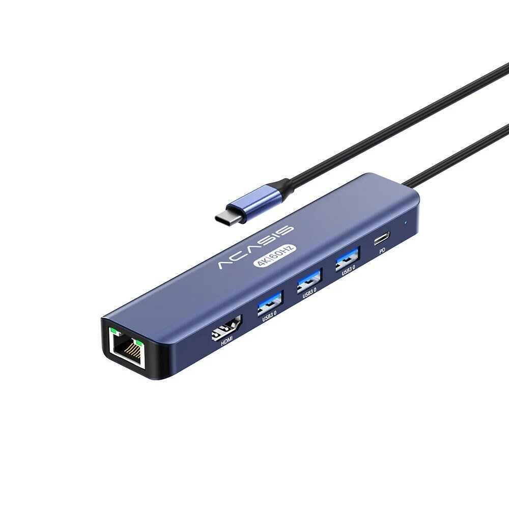 Док-станция 6-в-1 USB Type-C -> 3xUSB 3.0+HDMI 4K@60Hz+LAN 1G+PD 100W, кабель 1м, ACASIS DS-7HN6M1