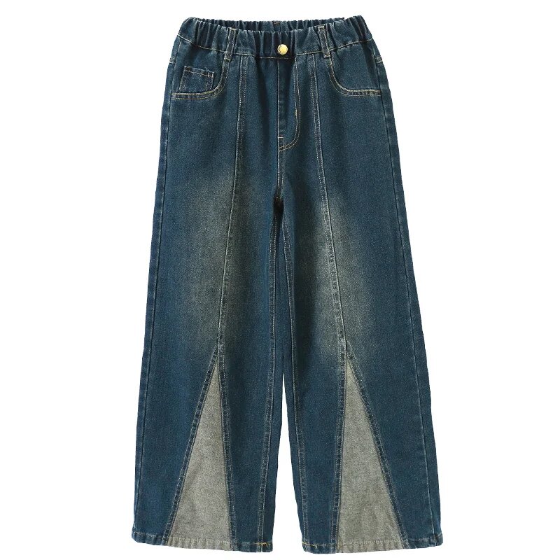LI Mall Ретро-синие джинсы для подростков-девочек винтажные пэчворк широкие школьные брюки