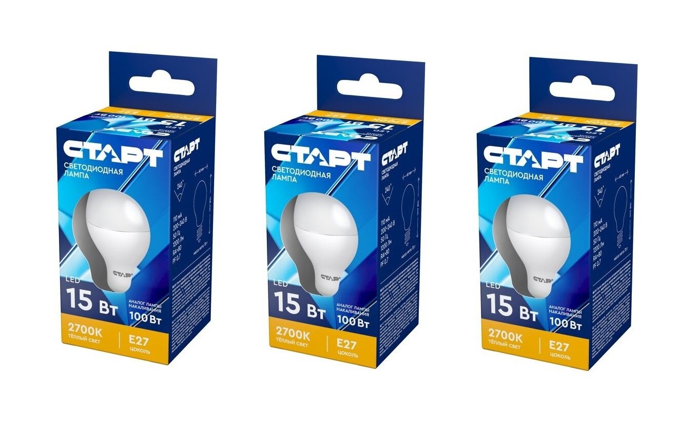 Старт Лампочка Eco LedGLSE27 15W, Холодный белый свет, Светодиодная, 3 уп