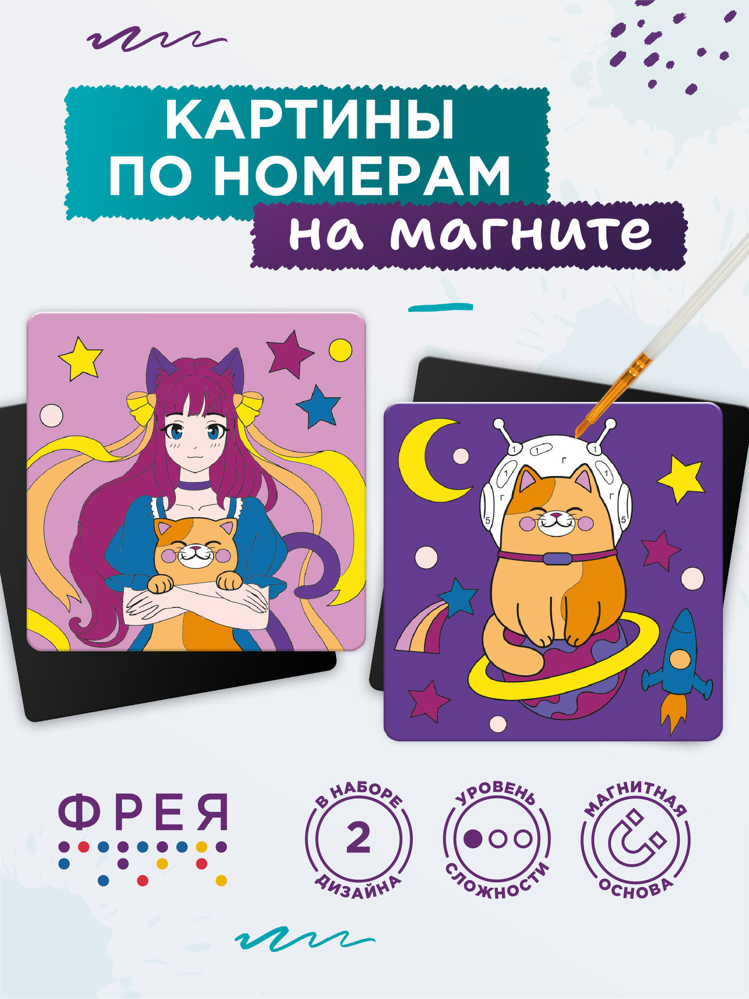 Картина по номерам на магните "фрея" 9х9 см PNBM-012 "Космические котики"