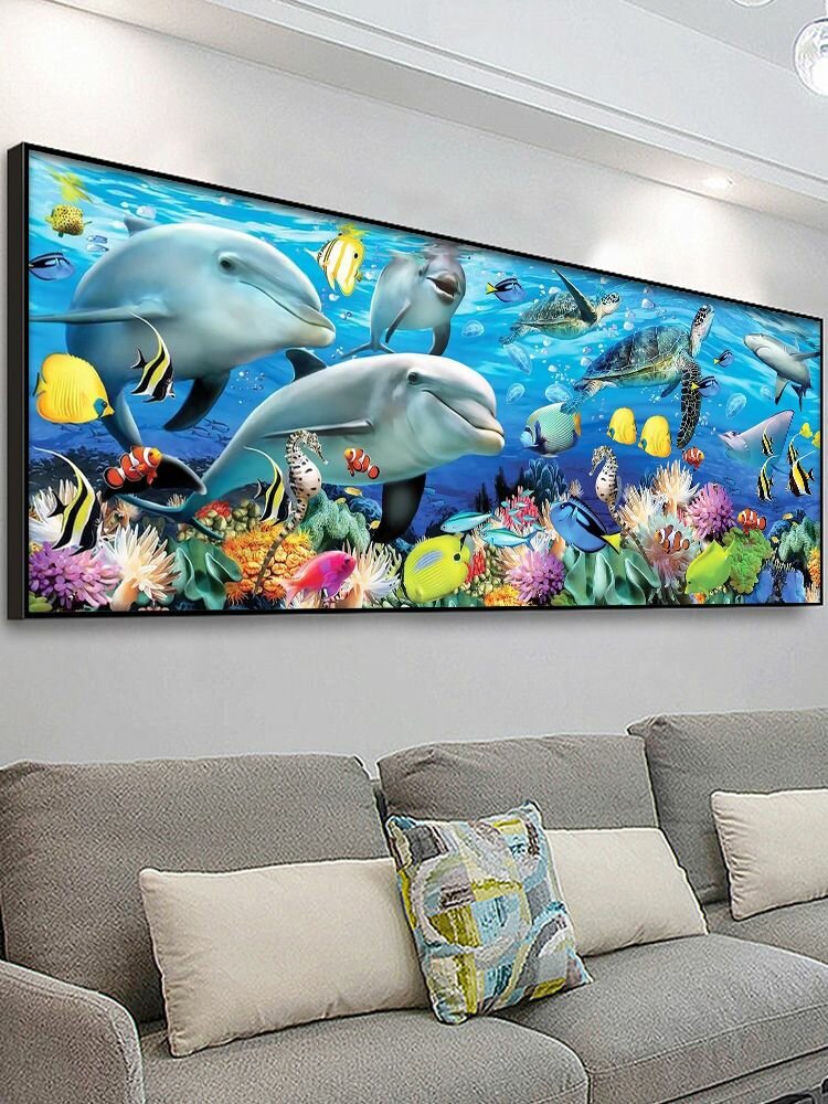 Дельфин Алмазная живопись, круглый алмаз 30x90cm, без рамки