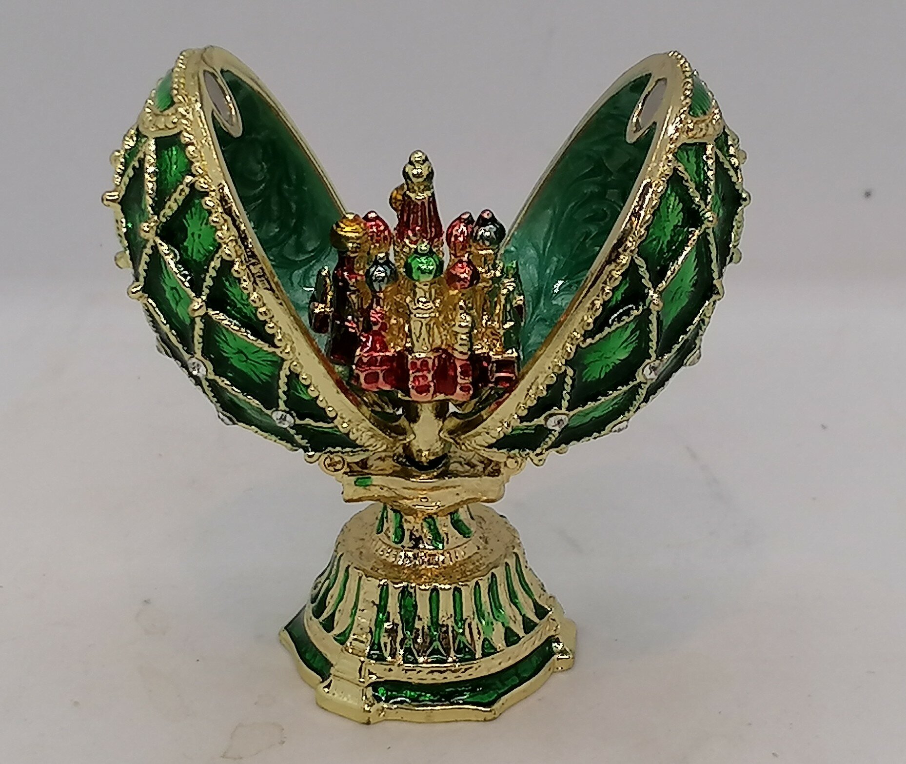 Яйцо Фаберже, сетка со стразами, с храмом внутри, малое, арт 80913, зелёное