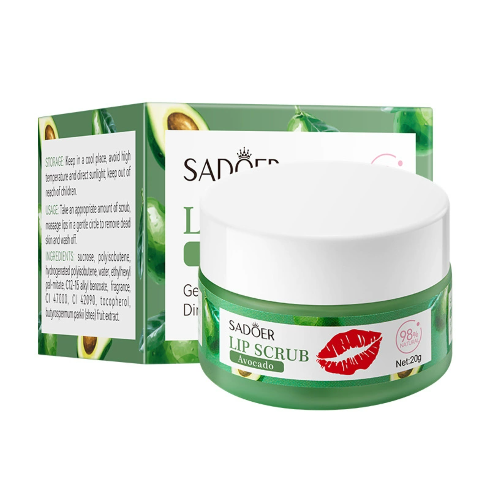 Скраб для губ, Скраб для губ увлажняющий осень и зима (Скраб для губ авокадо, 20г), для всех типов кожи, 20г, мягко очищает кутикулу губ, увлажняет и смягчает губы, уменьшает морщины губ, осветляет цвет губ, оставляет губы мягкими, нежными и гладкими