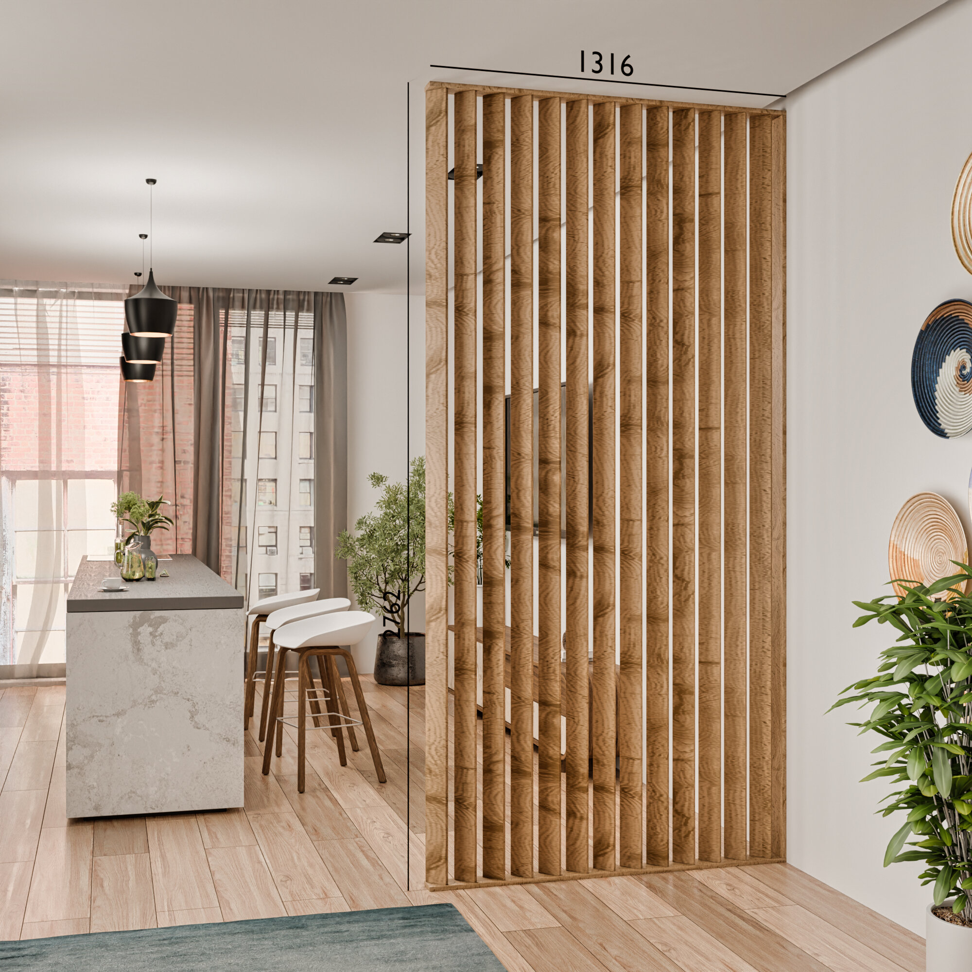 Реечная перегородка для зонирования пространства, ЛДСП, дуб вотан,132 см