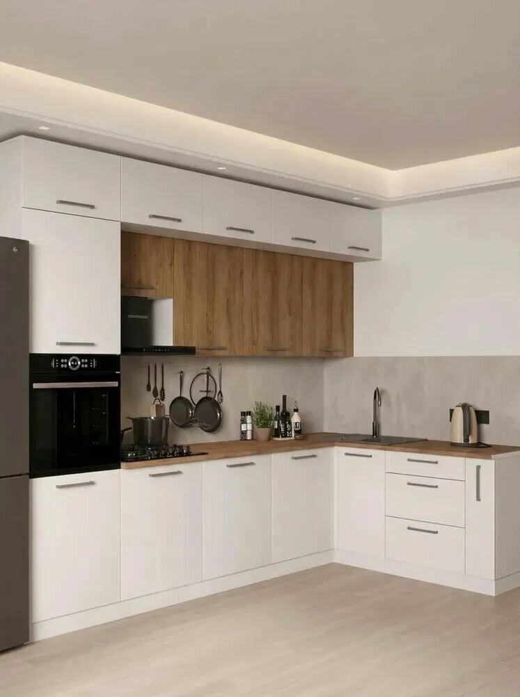 Кухонный гарнитур (кухня) Аврора угловой 3,0х1,8м МДФ Миксы, белый софт/дуб вотан без столешницы