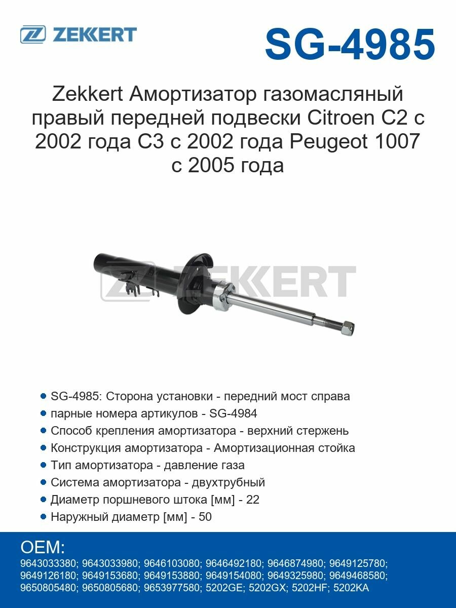 Zekkert Амортизатор газомасляный правый передней подвески Citroen C2 с 2002 года C3 с 2002 года Peugeot 1007 с 2005 года