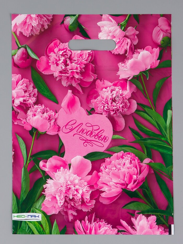 Пакет «Розовые пионы», полиэтиленовый с вырубной ручкой 30×40 см, 60 мкм