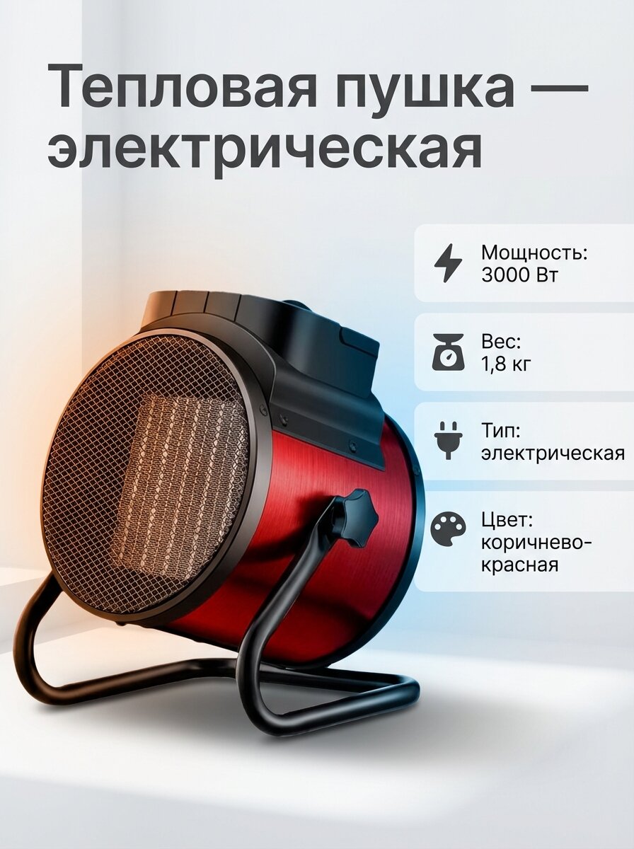 Тепловая пушка, электрическая, мощность 3000Вт, коричнево-красная, 1,8 кг