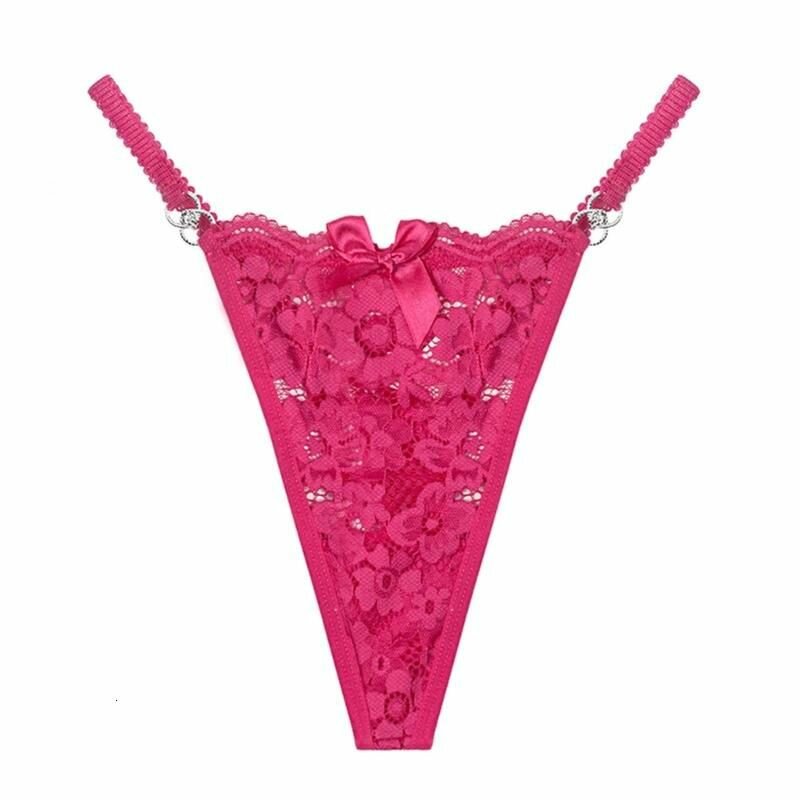 Женские прозрачные трусики-стринги с кружевами, Розово-красный - S