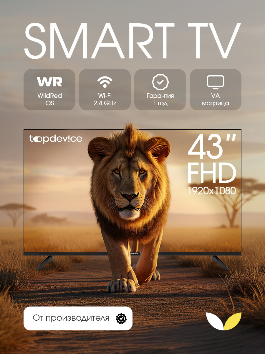 Телевизор Topdevice TV 43″, Full HD, VA матрица, Smart WildRed, Wi-Fi, черный (TDHTV43WFD_BK)