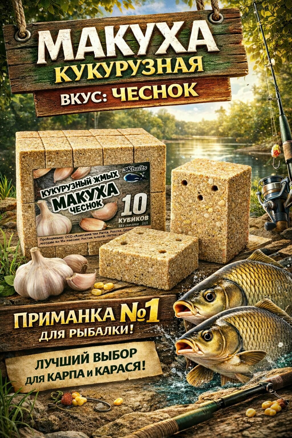 Макуха для рыбалки, кукурузный жмых с отверстиями для крючка "Чеснок" 10 кубиков , 320г