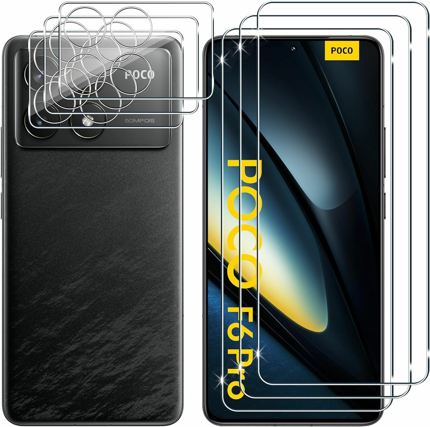 Закаленное стекло для Xiaomi Poco F6 Pro, 3 + 3 защитных экрана+ защитная пленка для задней камеры, твердость 9H, без пузырьков