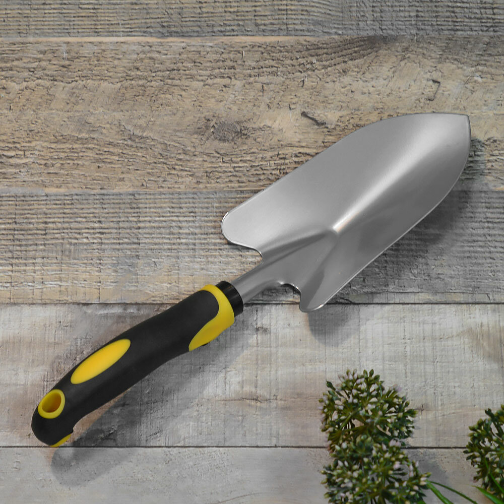 Совок посадочный широкий 32x8.8 см, металлический, эргономичная рукоятка, черно-желтый