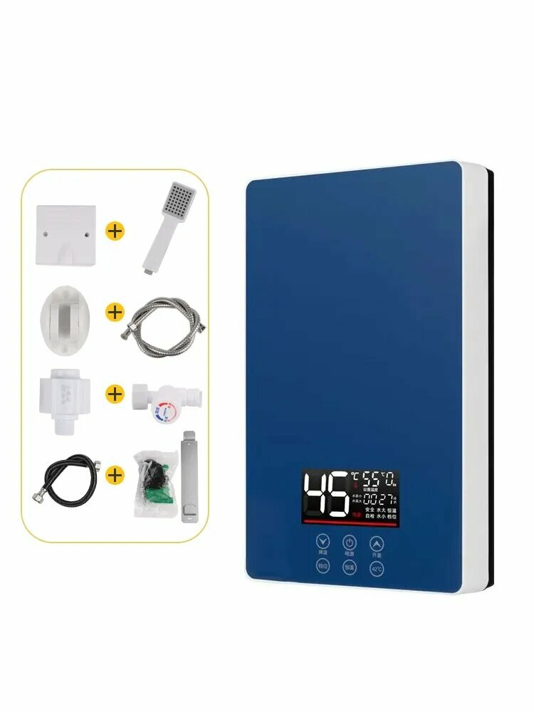 Термостатический водонагреватель, мгновенный нагрев, мощность 7 кВт, регулируемая температура, сенсорная панель, с душем для ванной комнаты, синий