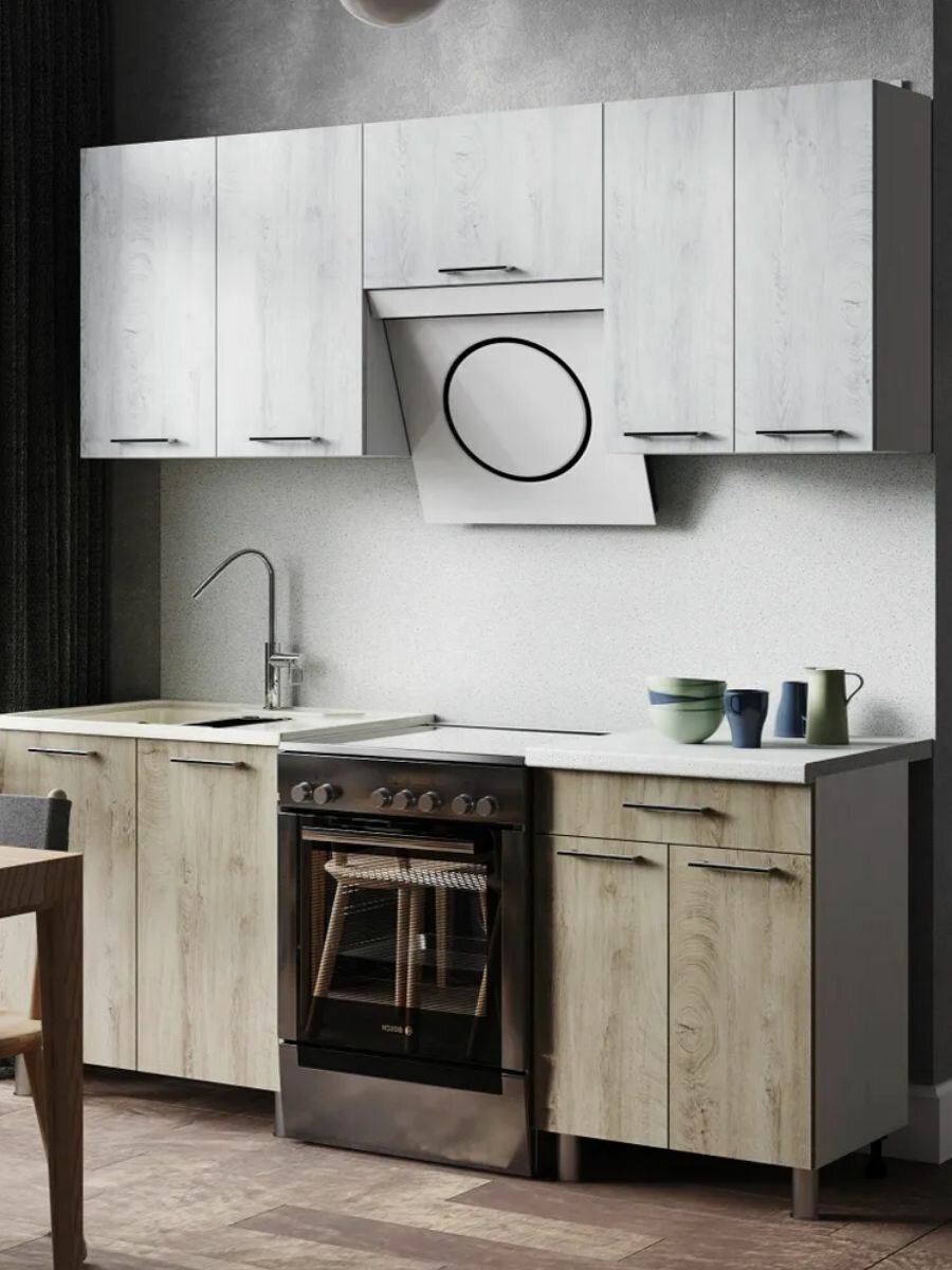 Кухонный гарнитур (кухня) Палермо 2.0 м с окапом, ЛДСП/МДФ, Белый/Дуб Остин Серый/Дуб Остин Бежевый, 2000х2160х430, тэкс